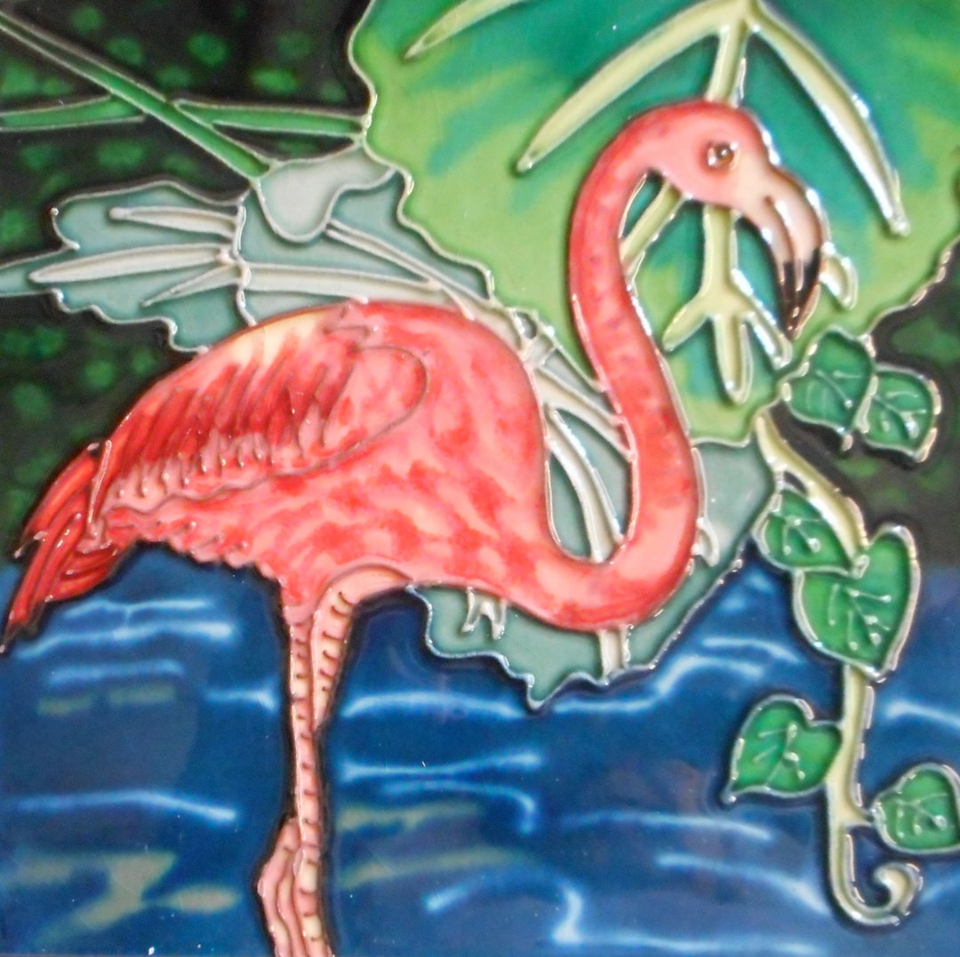 Flamingo Hand Painted Ceramic Art Tile 6x6 Inches With Fiberboard Back ...