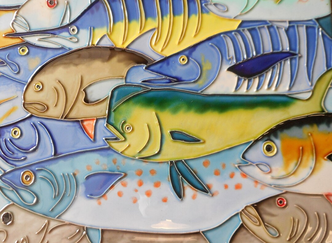Fishes Hand Painted Ceramic Art Tile 11 X 14 Inches With Felt Back and ...
