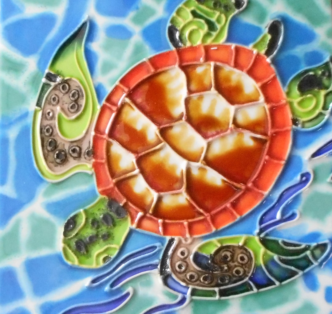 Turtle Hand Painted Ceramic Art Tile 6x6 Inches With Easel Back - Etsy