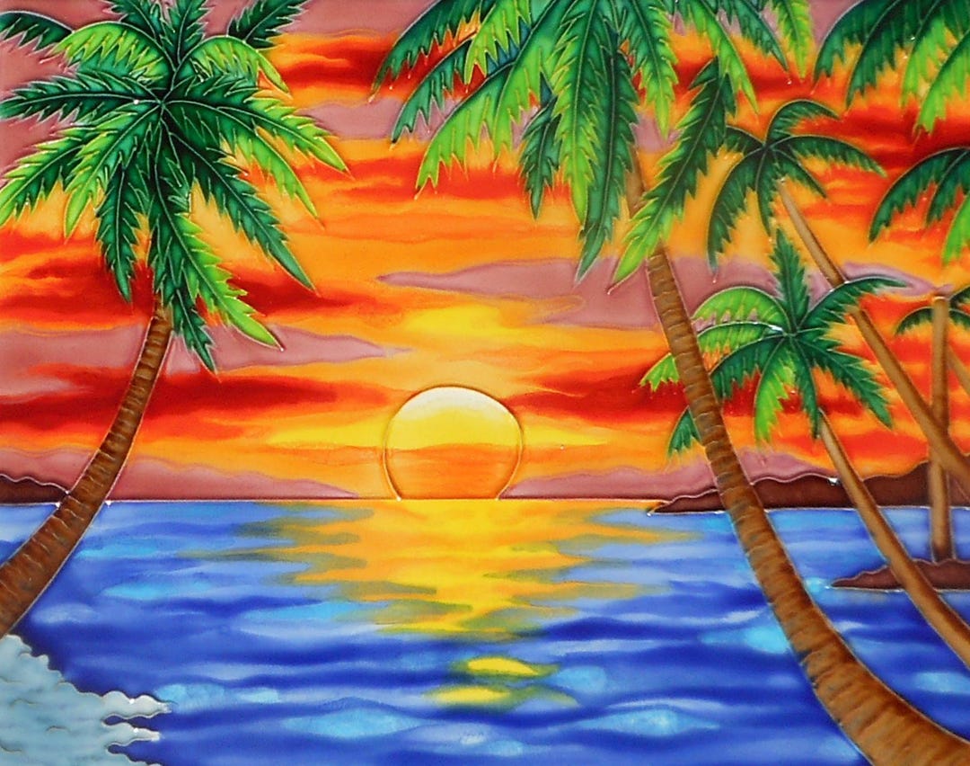 Sunset Beach Hand Painted Ceramic Art Tile 11x14 Inches With Felt Back ...