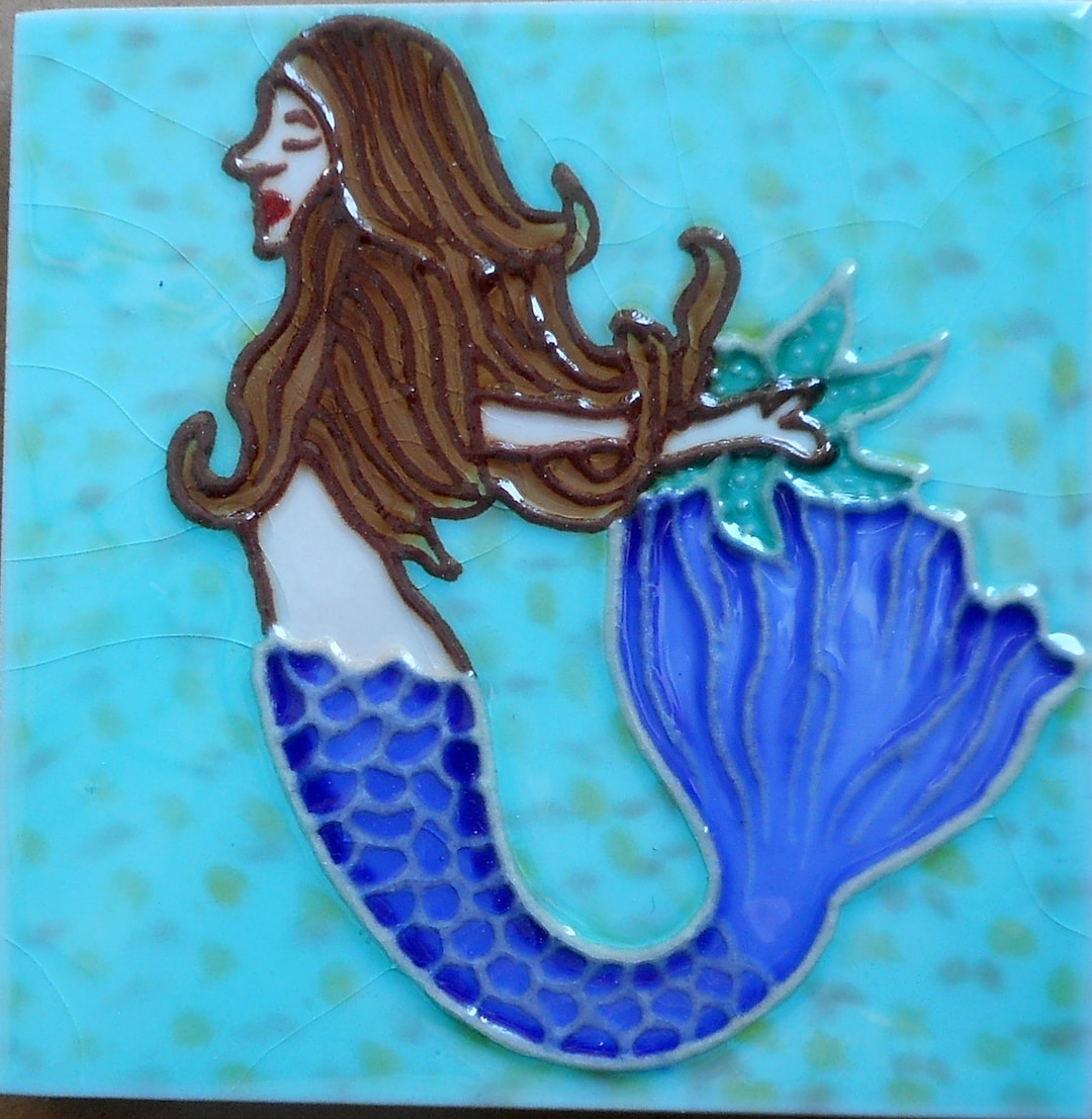 Mermaid Hand Painted Ceramic Art Tile Coaster 4x4 Inches With ...