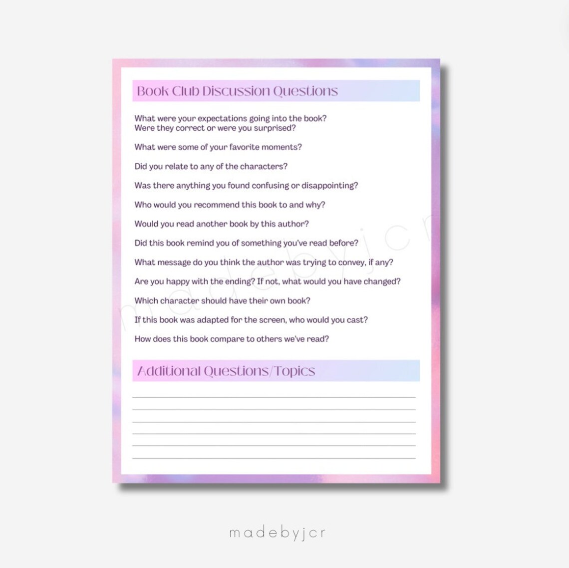 Printable Book Club Discussion Guide, Printable Book Club Questions - Etsy