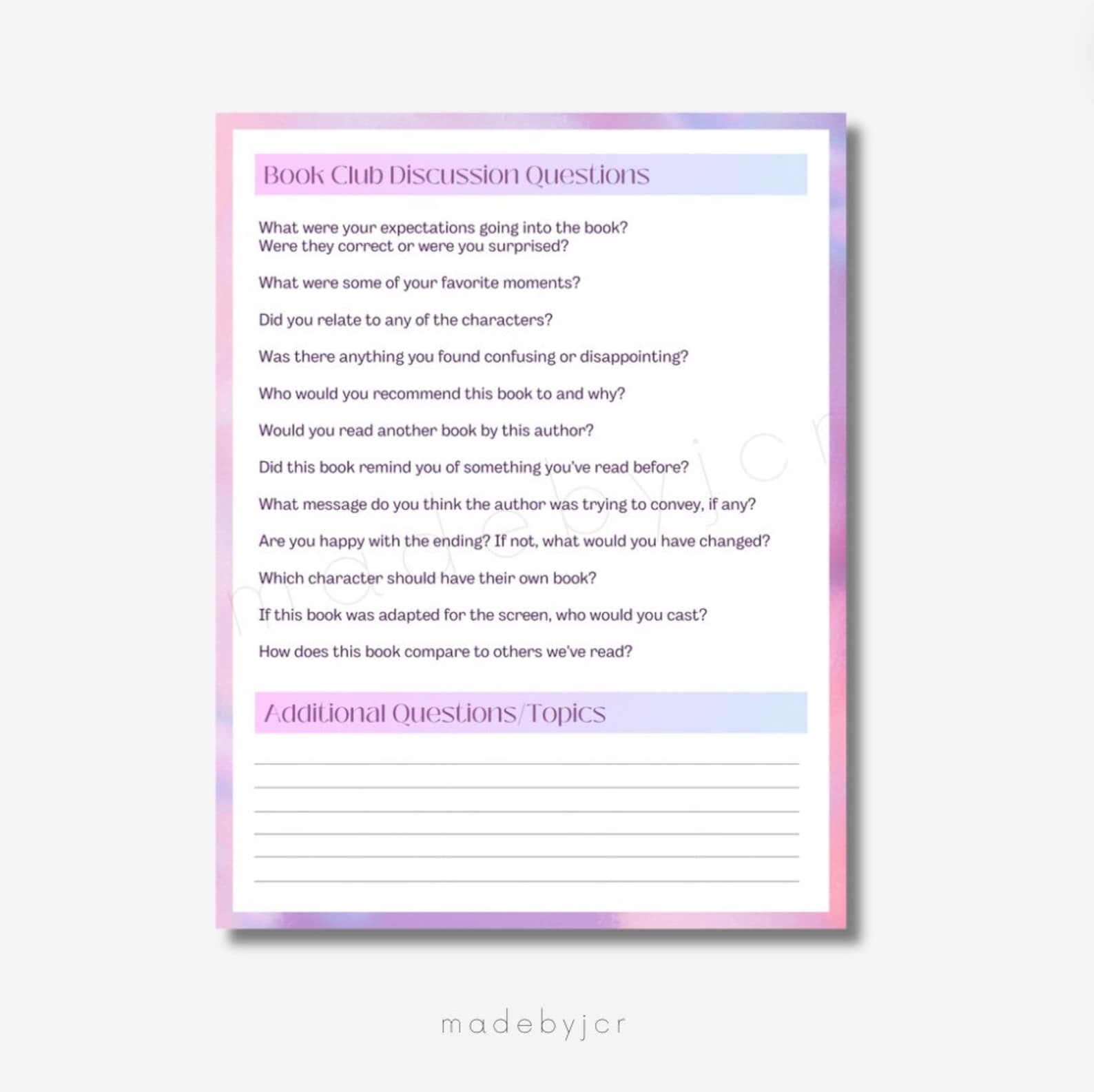 Printable Book Club Discussion Guide, Printable Book Club Questions - Etsy