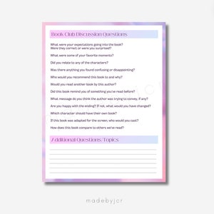 Printable Book Club Discussion Guide, Printable Book Club Questions - Etsy