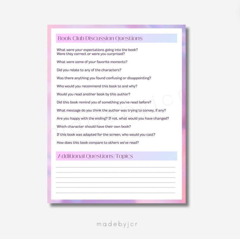 Printable Book Club Discussion Guide, Printable Book Club Questions - Etsy