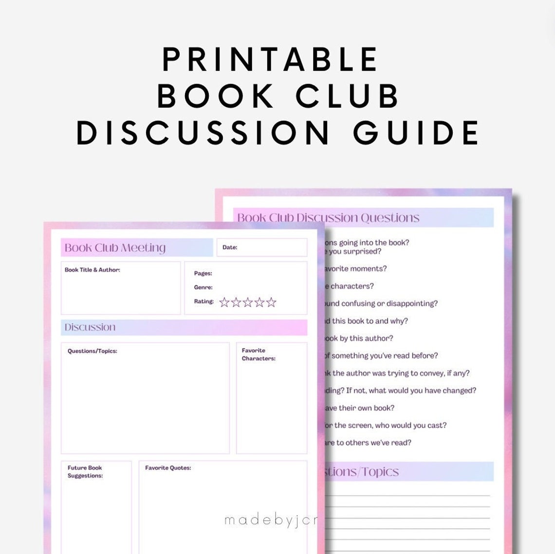 Printable Book Club Discussion Guide, Printable Book Club Questions - Etsy