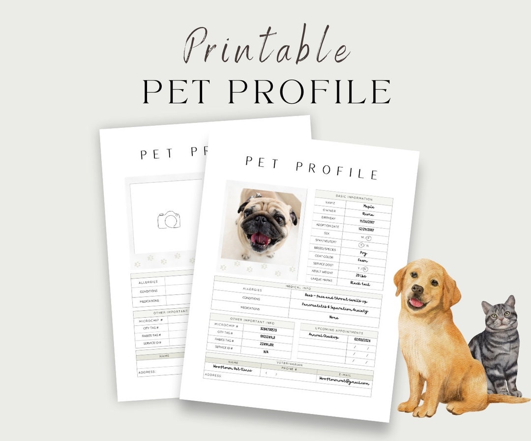 Printable Pet Profile for Pet Parents | Vet Log | Pet Health Record ...