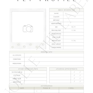 Printable Pet Profile for Pet Parents | Vet Log | Pet Health Record ...
