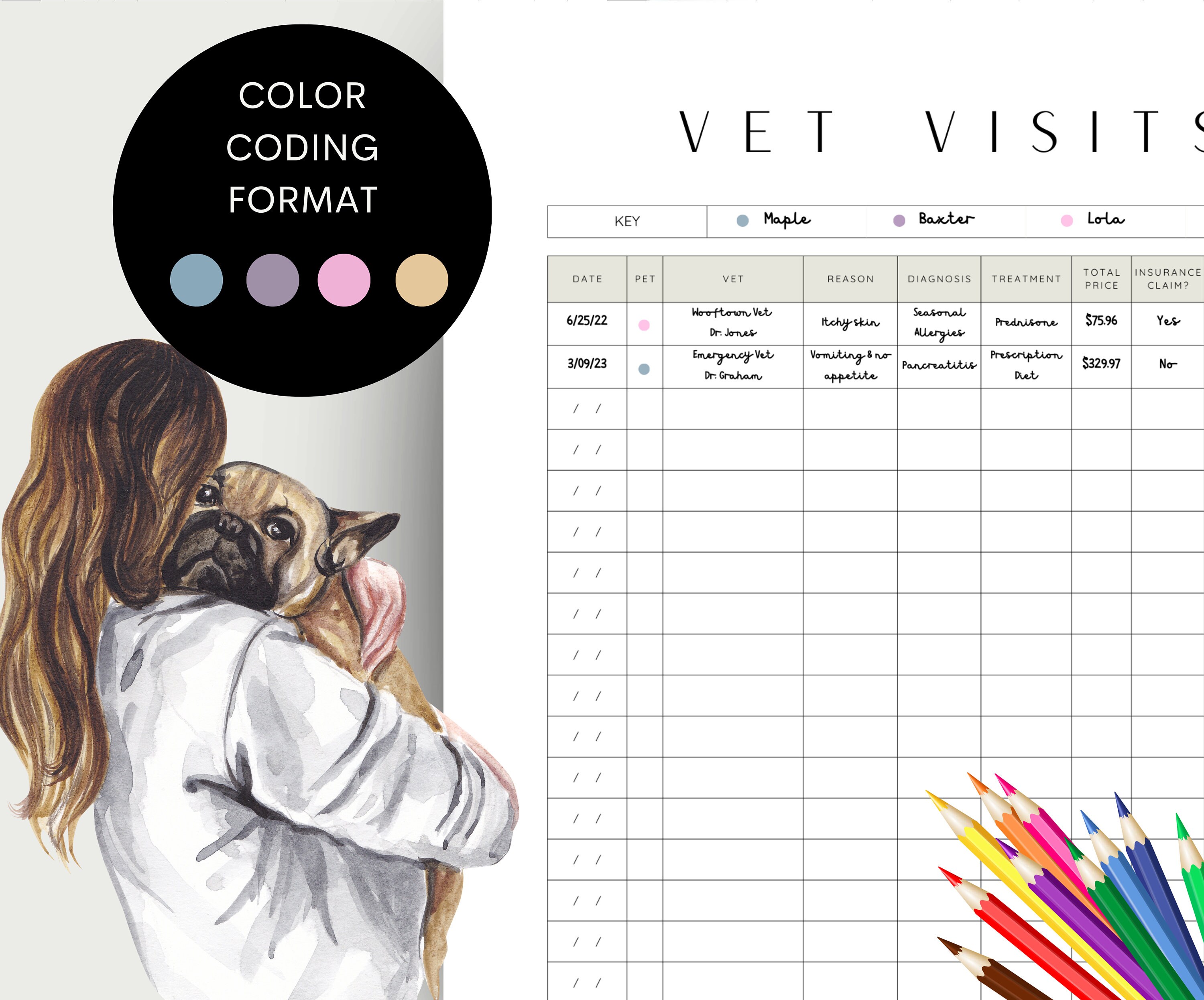 Printable Pet Vet Visit Log for Pet Parents With Pet Insurance Claims ...