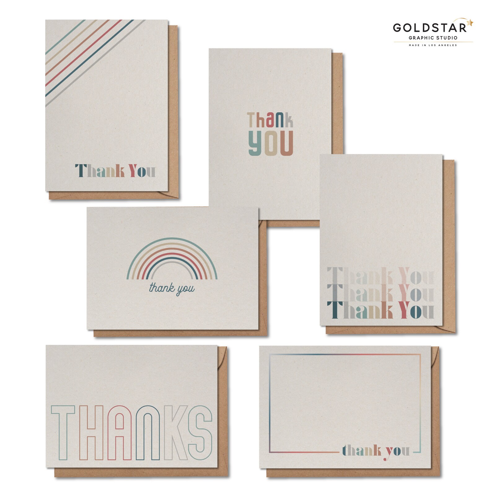 Retro Rainbow Thank You Greeting Cards by GSGS - 6 Pk Assorted 5"x7 ...