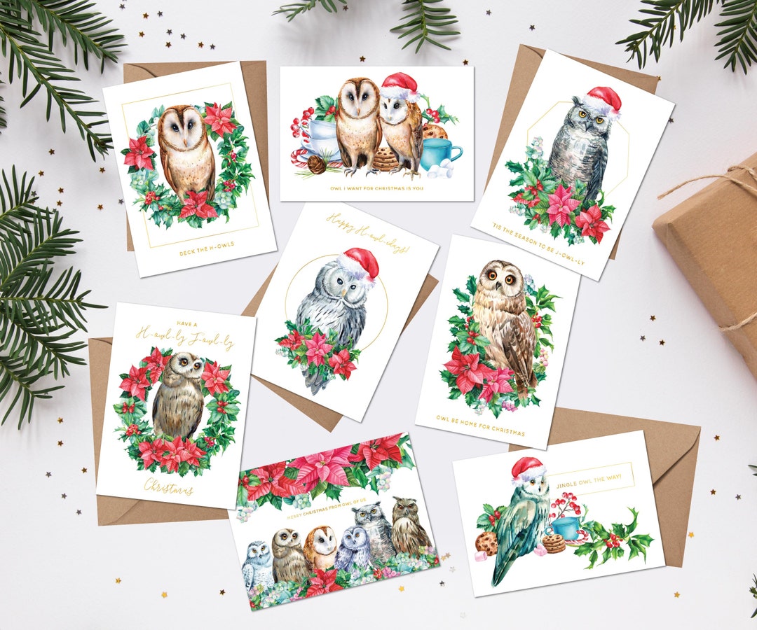 8 Pk Greeting Cards - Holiday Owls Watercolor Set- 5"x7" Folded Cards ...