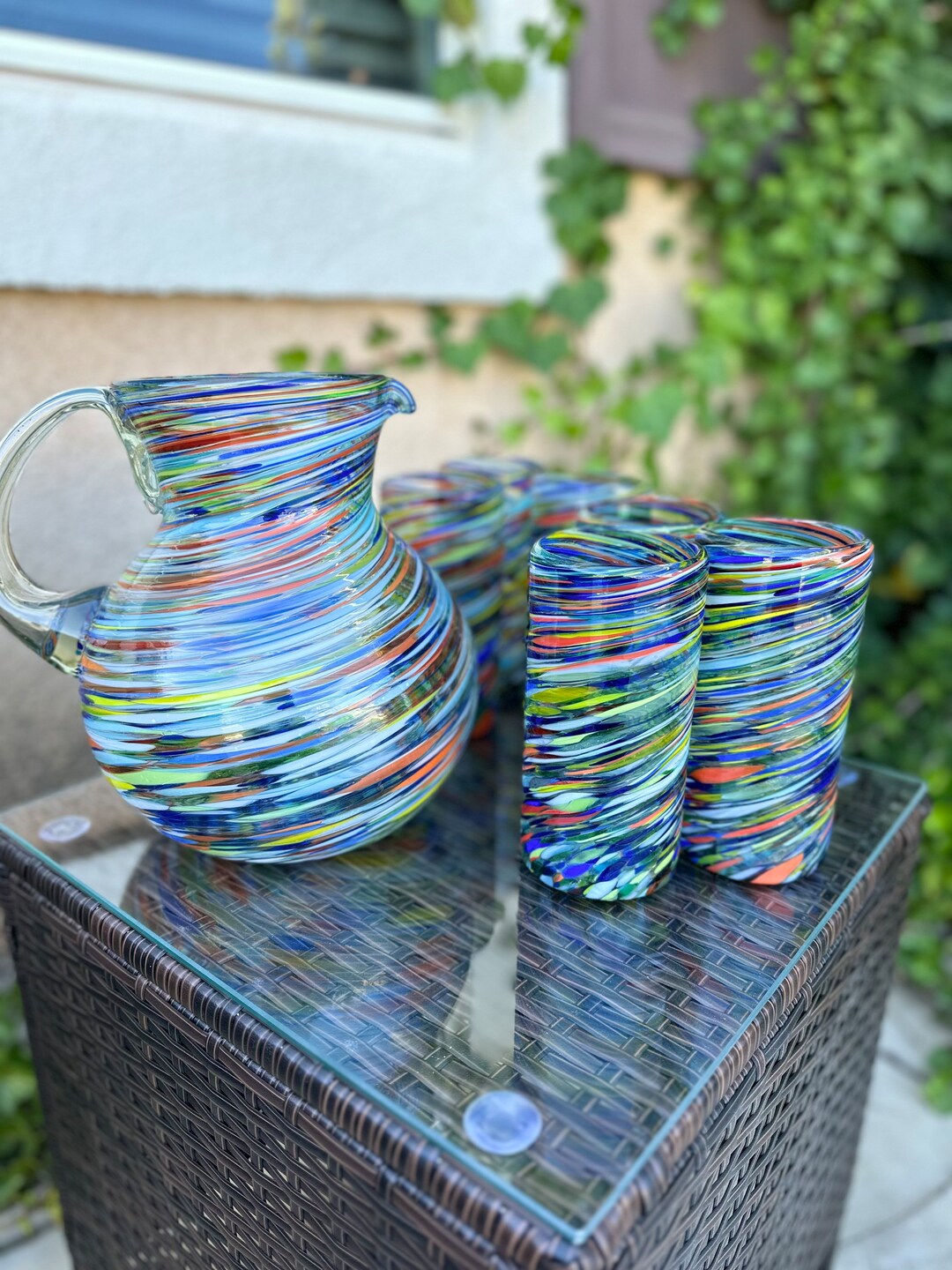 7 Piece Mexican Glassware Colorful Swirl Pitcher With 6 Drinking ...