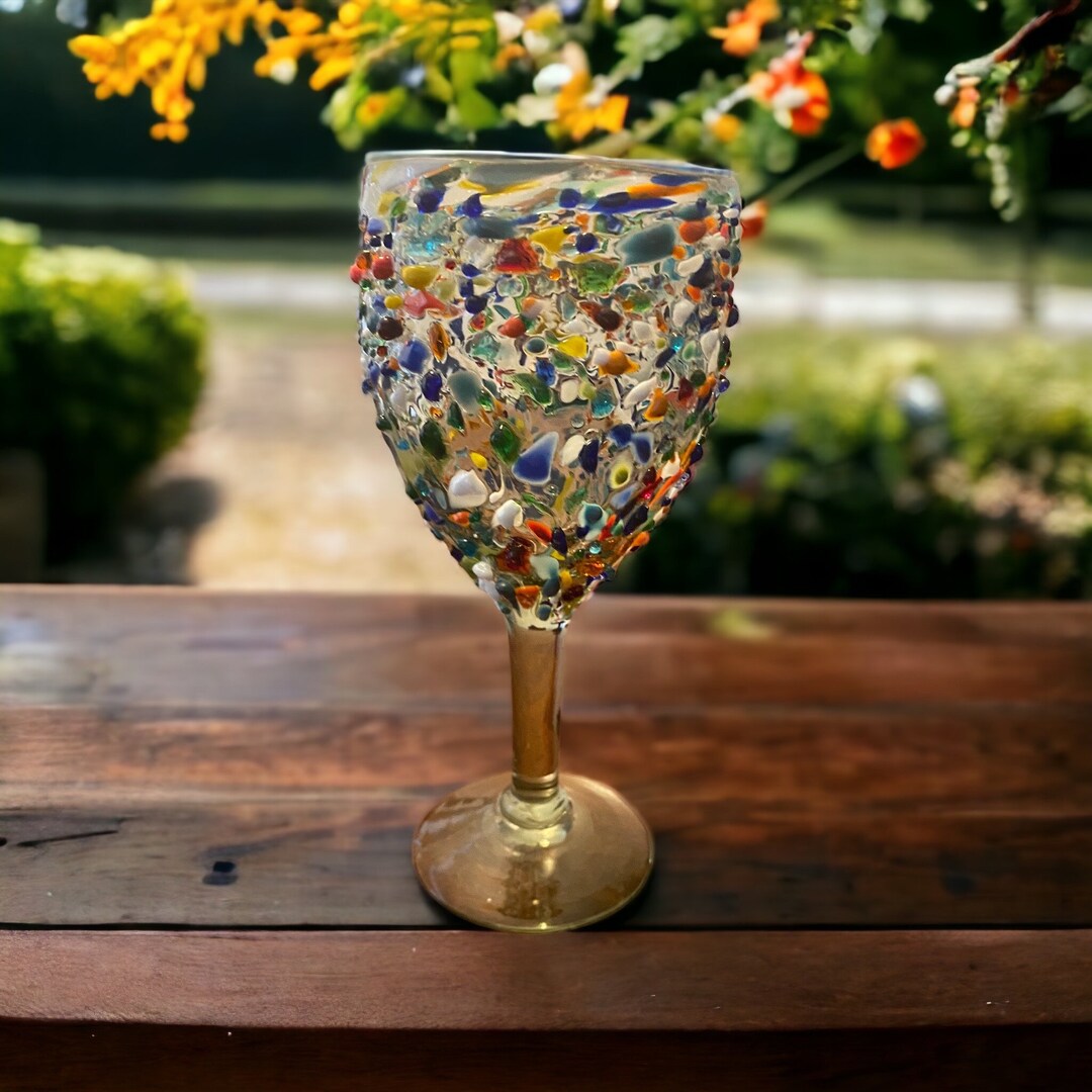 1 Strong Hand Blown Mexican Glass Pebbled Confetti Multicolor Wine ...