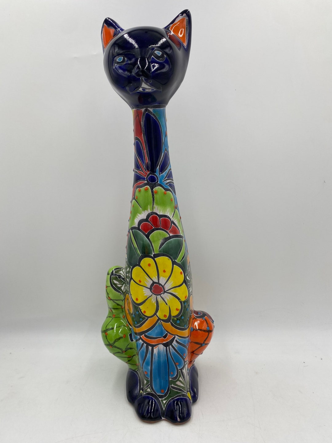 Talavera Tall Cat Statue Handmade Ceramic Mexican Pottery for Home ...