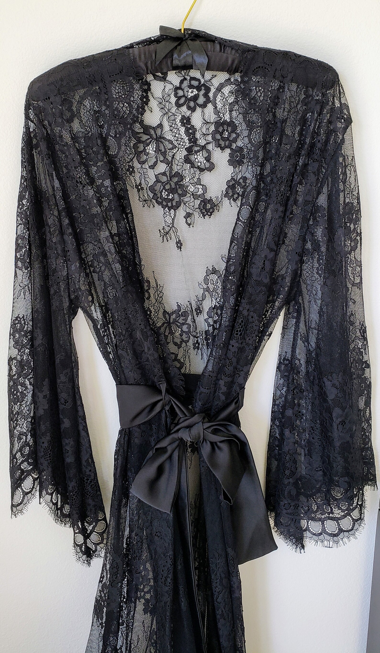 Black lace robe Floor length robe See through lingerie | Etsy