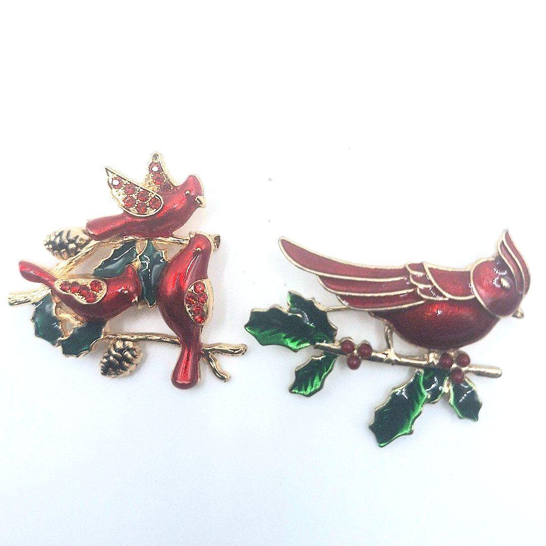 Vintage Bundle of Red Cardinal and Holly Branch Christmas Brooch Pins ...