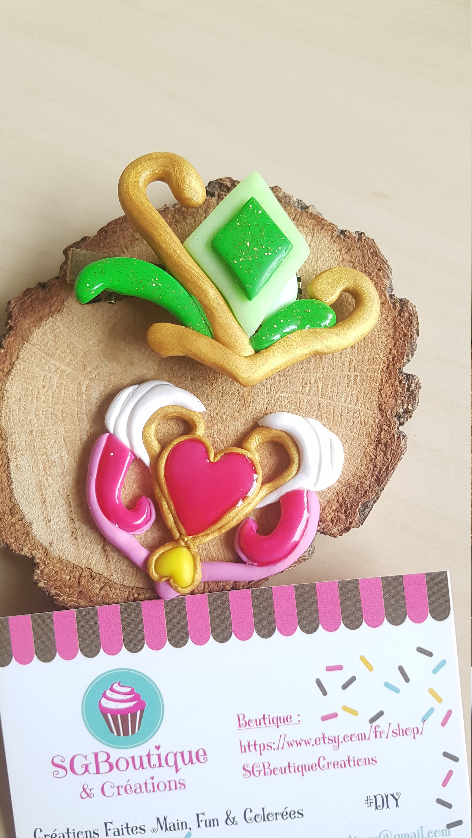 Hair Clip Lyna Green & Gold Glitter Magic Fimo Polymer | Etsy