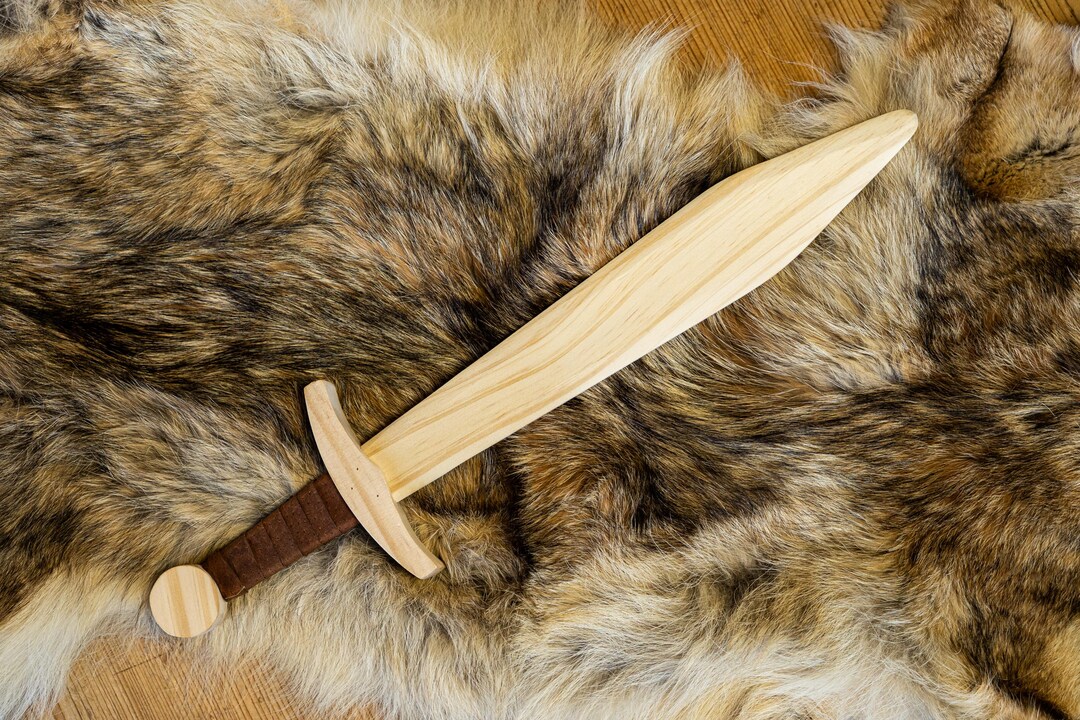 Small Kid's Handcrafted Wooden Toy 16" Short Sword With Leather-wrapped ...