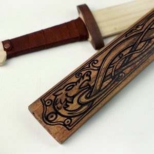 Mini Wooden Viking Sword With Norse Motif, Wooden Sheath and Leather ...