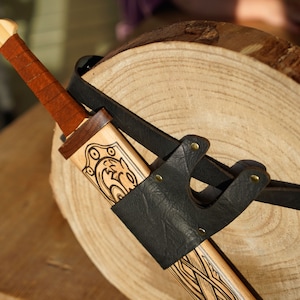 Mini Wooden Viking Sword With Norse Motif, Wooden Sheath and Leather ...