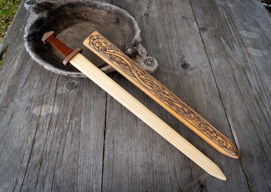 Full Size Viking Sword With Norse Motif, Wooden Sheath With Leather ...