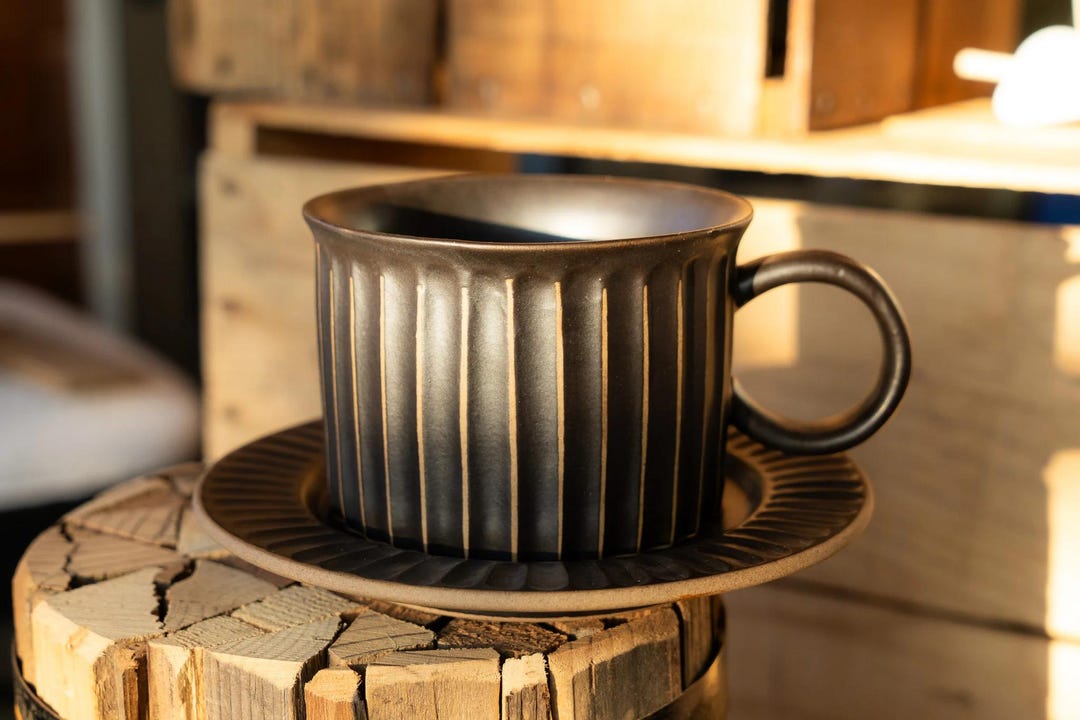 Modern Ribbed Neutral Mug With Matching Dish - Etsy