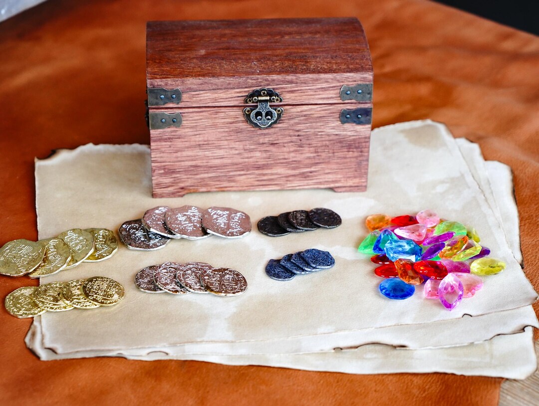 Pirate's Treasure Chest Kit With Jewels, Real Metal Coins, and Blank ...