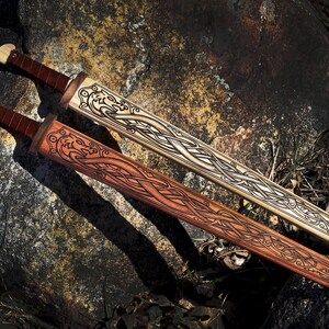 Mini Wooden Viking Sword With Norse Motif, Wooden Sheath and Leather ...