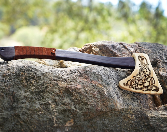 Wooden Play Axe With Norse Motif Engraving and Leather Wrapped Handle ...