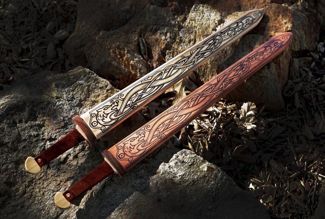 Mini Wooden Viking Sword With Norse Motif, Wooden Sheath and Leather ...