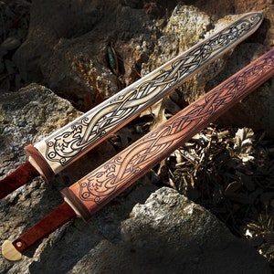 Mini Wooden Viking Sword With Norse Motif, Wooden Sheath and Leather ...