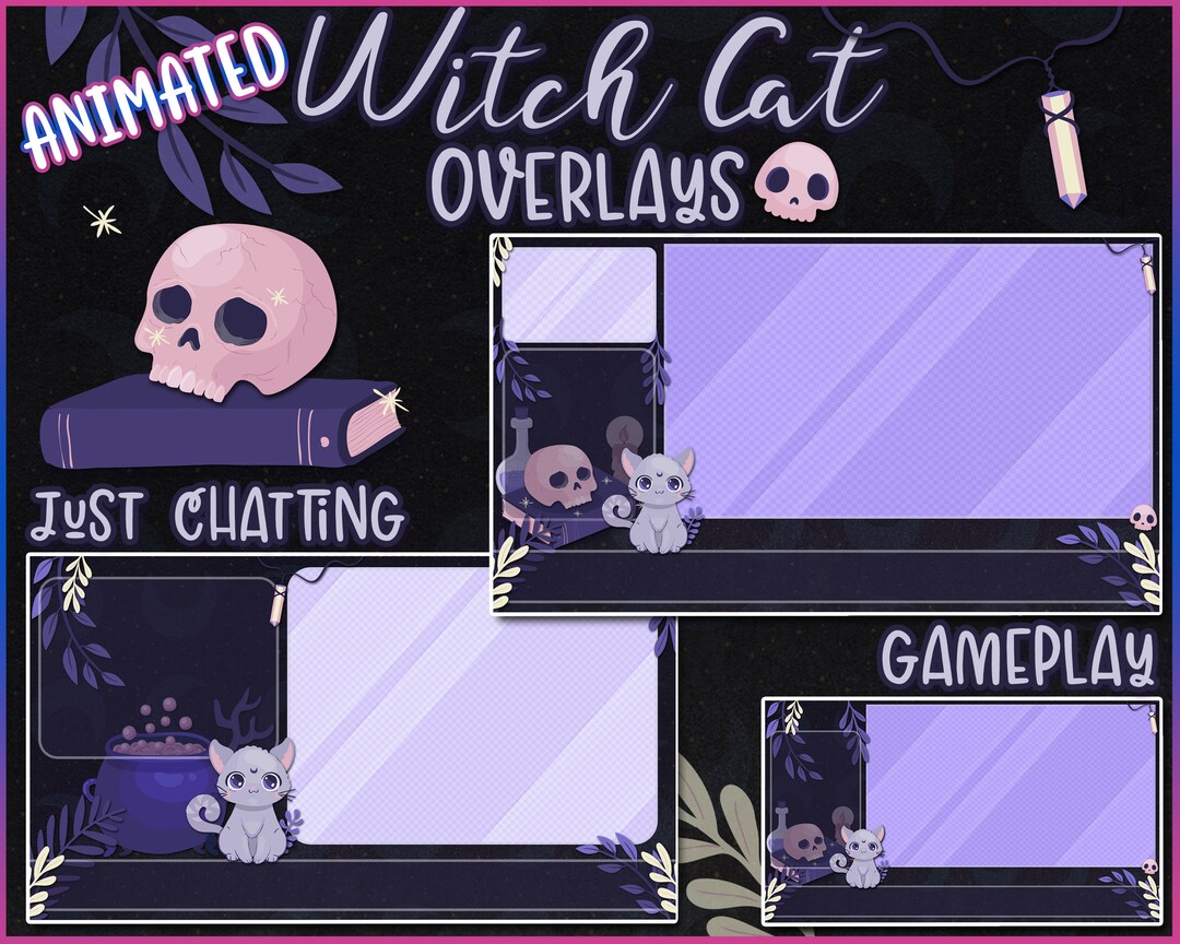 ANIMATED Witch Cat Overlays Twitch Streamer Scene Bundle Purple Cute ...