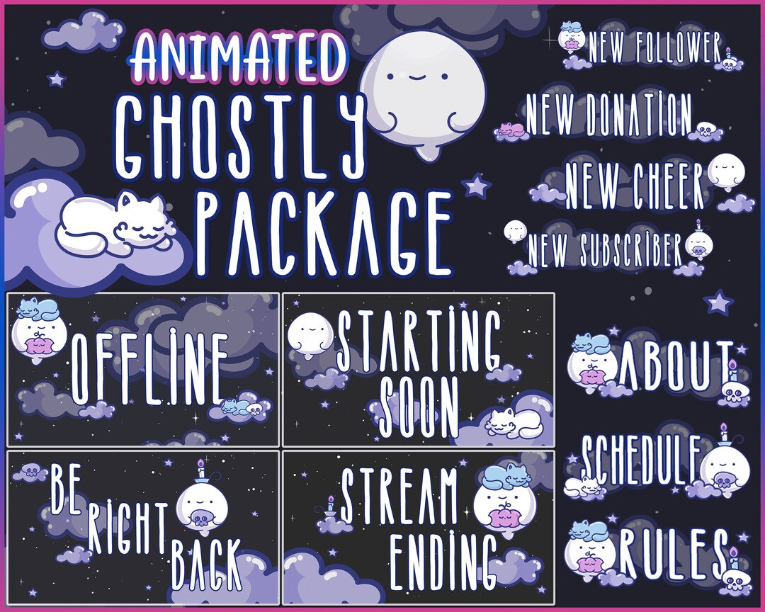 ANIMATED Ghostly Twitch PACKAGE Streamer Scenes, Panels Clouds Moon Magical Purple Girly Sky ...
