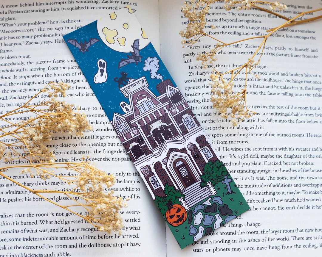 Halloween Bookmark - Haunted Mansion With Pumpkins, Ghosts, Bats, the ...