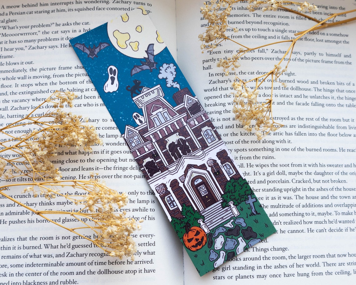 Halloween Bookmark Haunted Mansion With Pumpkins Ghosts - Etsy
