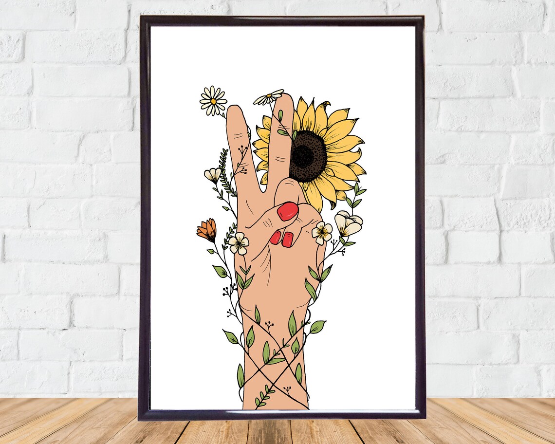 Peace Sign Hand With Flowers A5 Print 70s Inspired Art - Etsy