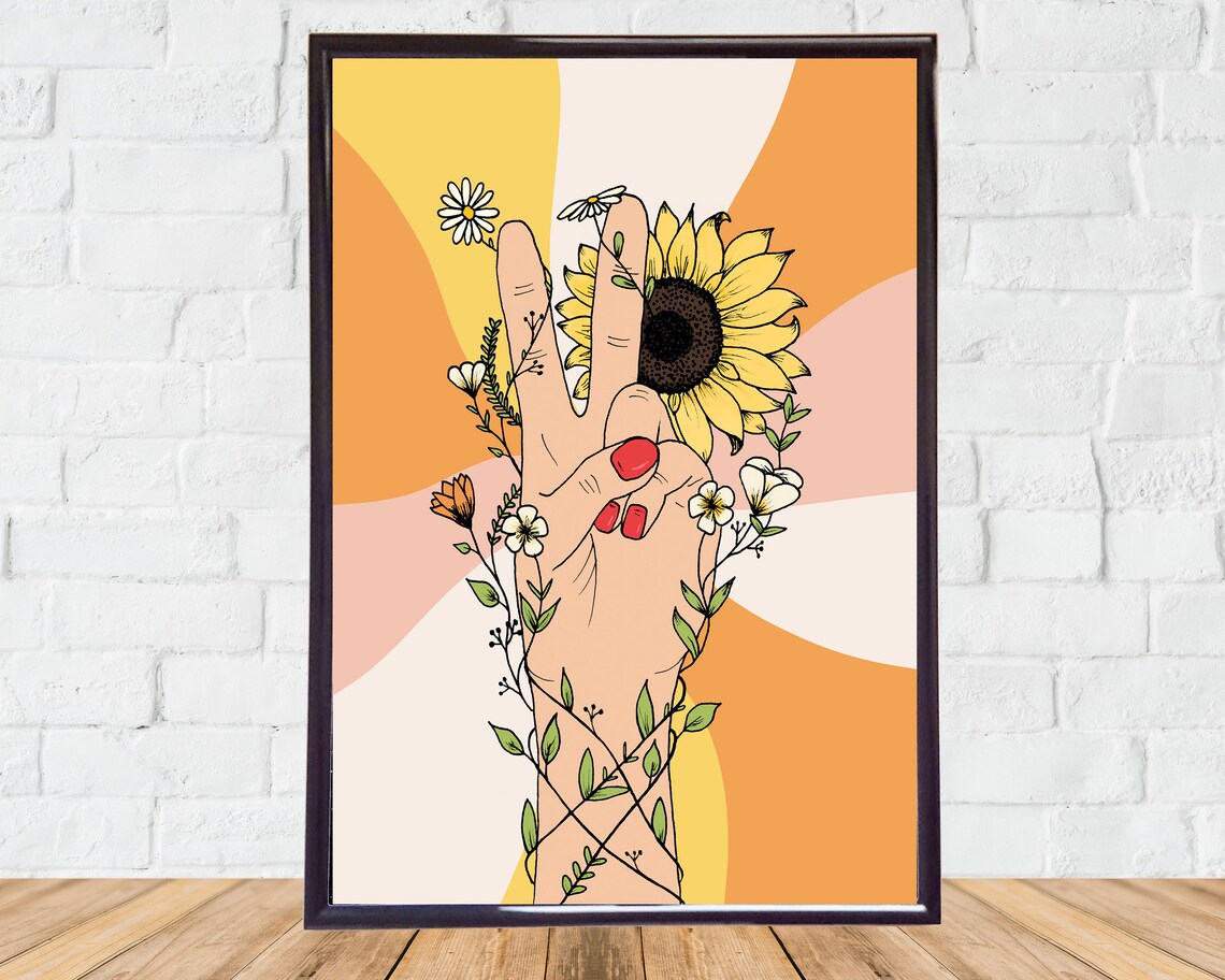Peace Sign Hand With Flowers A5 Print 70s Inspired Art | Etsy