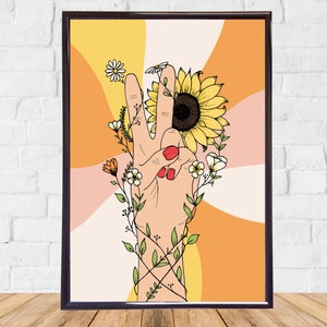 Peace Sign Hand With Flowers A5 Print 70s Inspired Art | Etsy