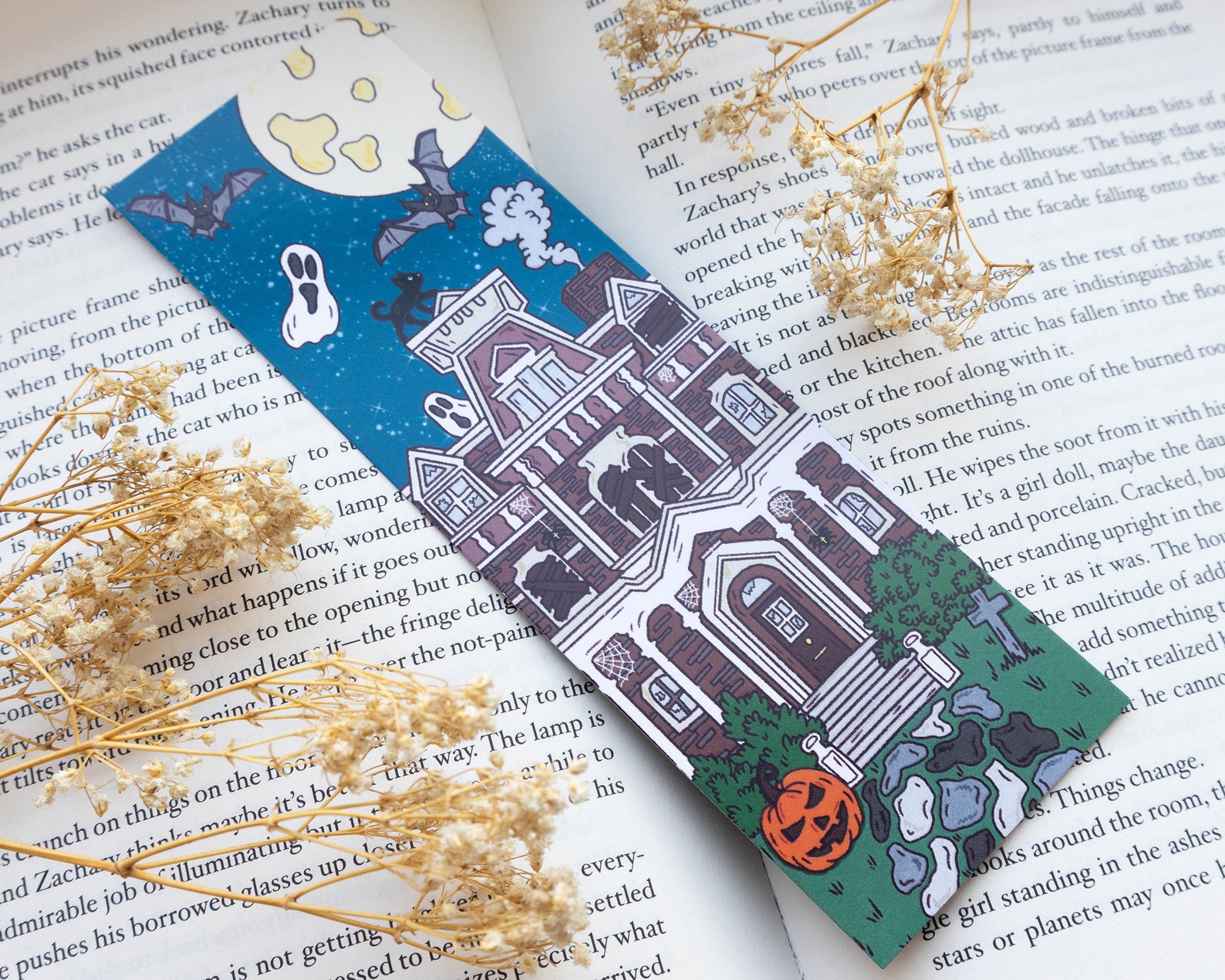 Halloween Bookmark Haunted Mansion With Pumpkins, Ghosts, Bats, the ...
