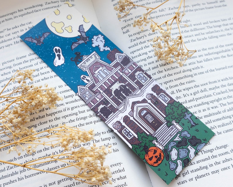 Halloween Bookmark Haunted Mansion With Pumpkins Ghosts - Etsy