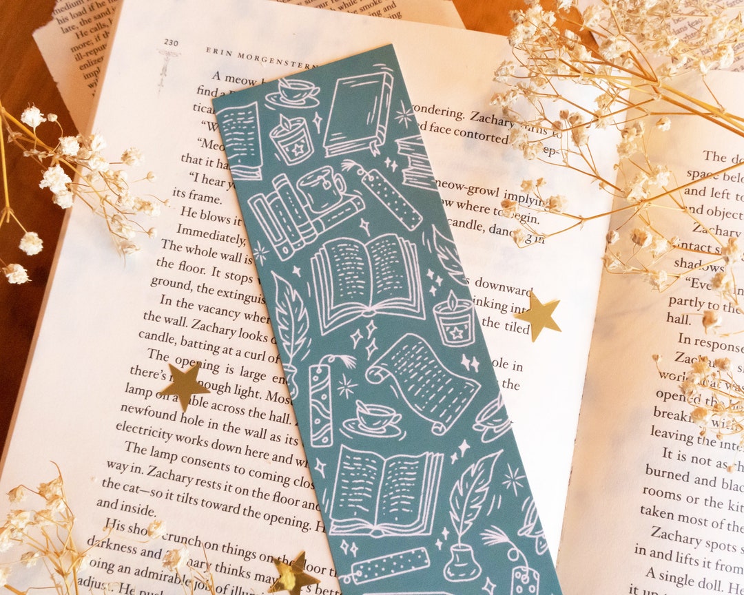 Bookish Doodle Bookmark - Blue Green Book Mark With Books and ...