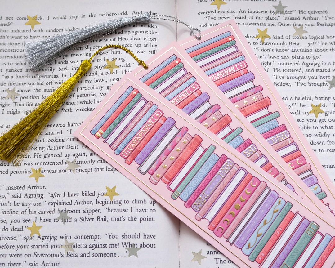GOLD FOIL Pink Stack of Books Bookmark With Tassel Bookworm Reader ...