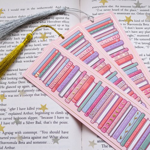 GOLD FOIL Pink Stack of Books Bookmark With Tassel Bookworm - Etsy