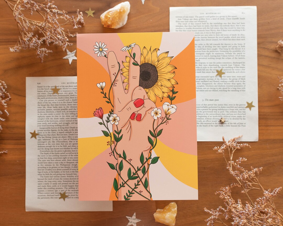 Peace Sign Hand With Flowers A5 Print - Sunflower Floral 70s Inspired ...