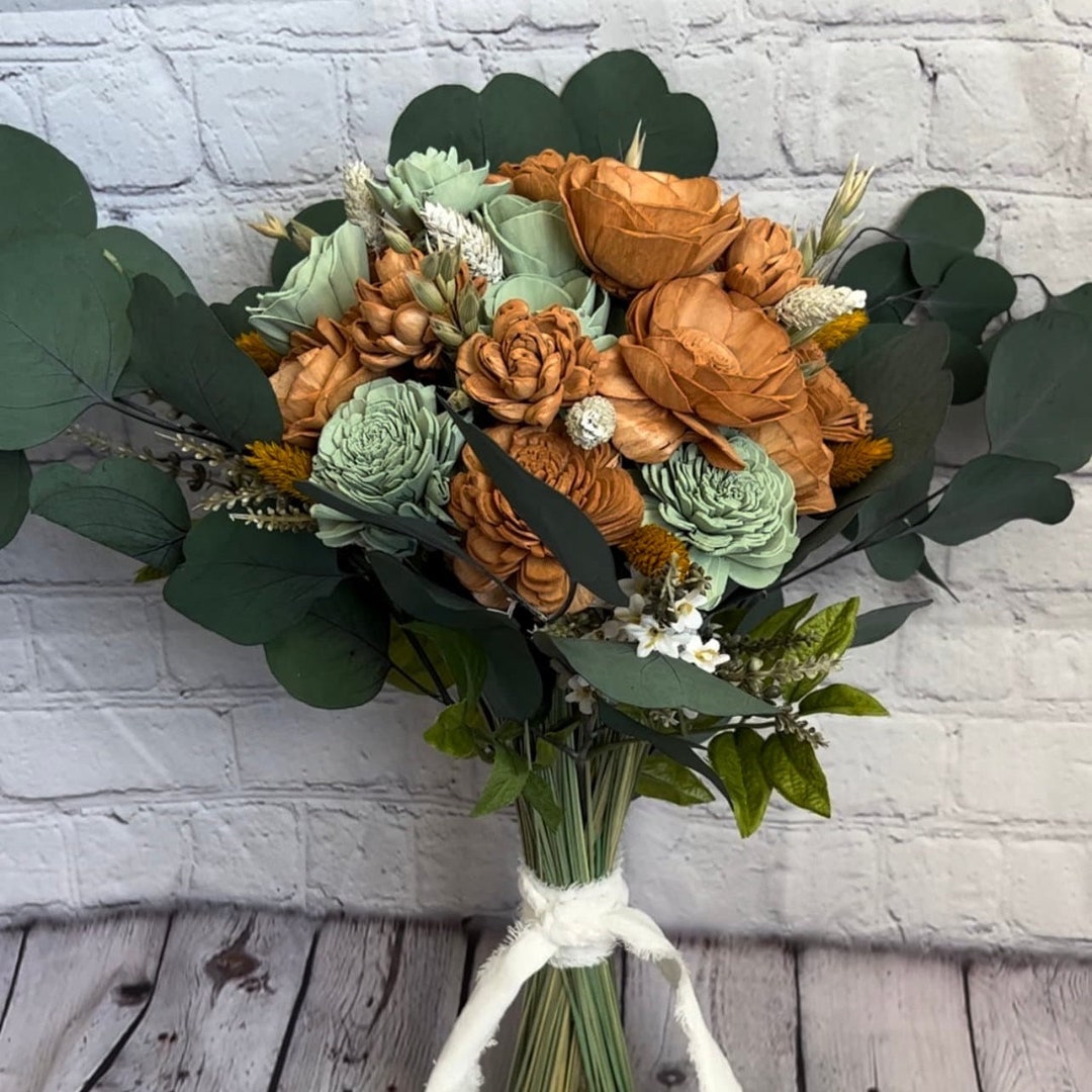 Terracotta and Green Bridal Bouquet Wood Flowers Sola Wood Wedding Wood ...