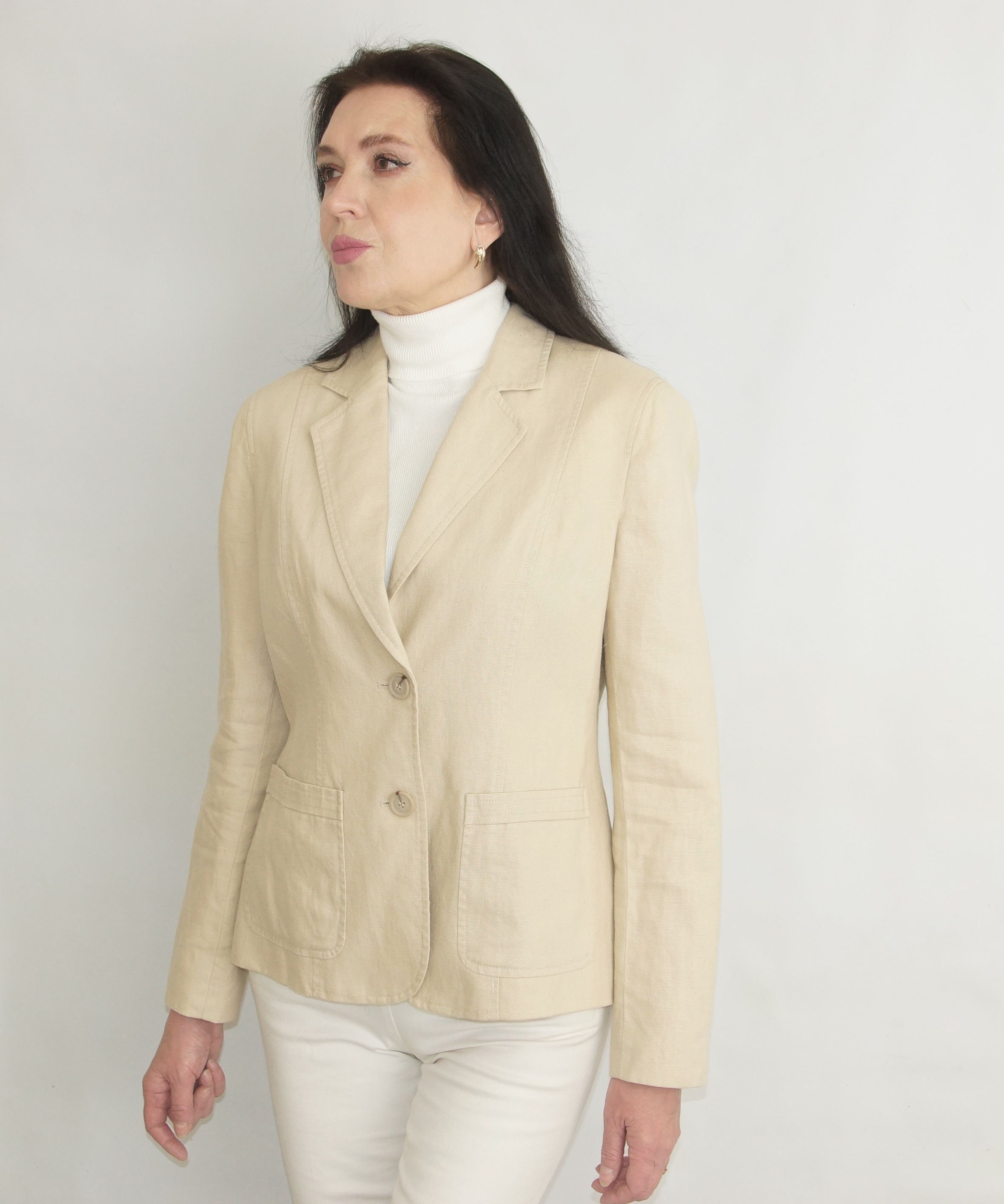 Women's Pure Linen Beige Button Jacket Vintage Classic Ladies Jacket ...