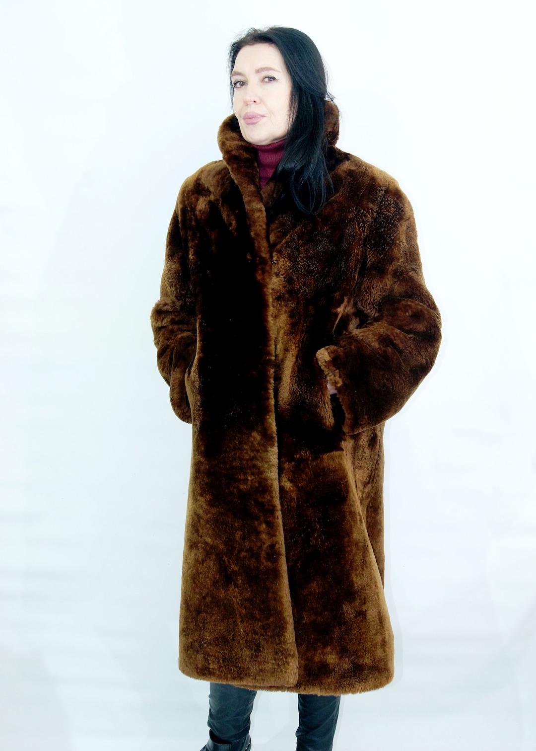 Vintage Women's Brown Mouton Fur Long Coat, Bust 40 In - Etsy
