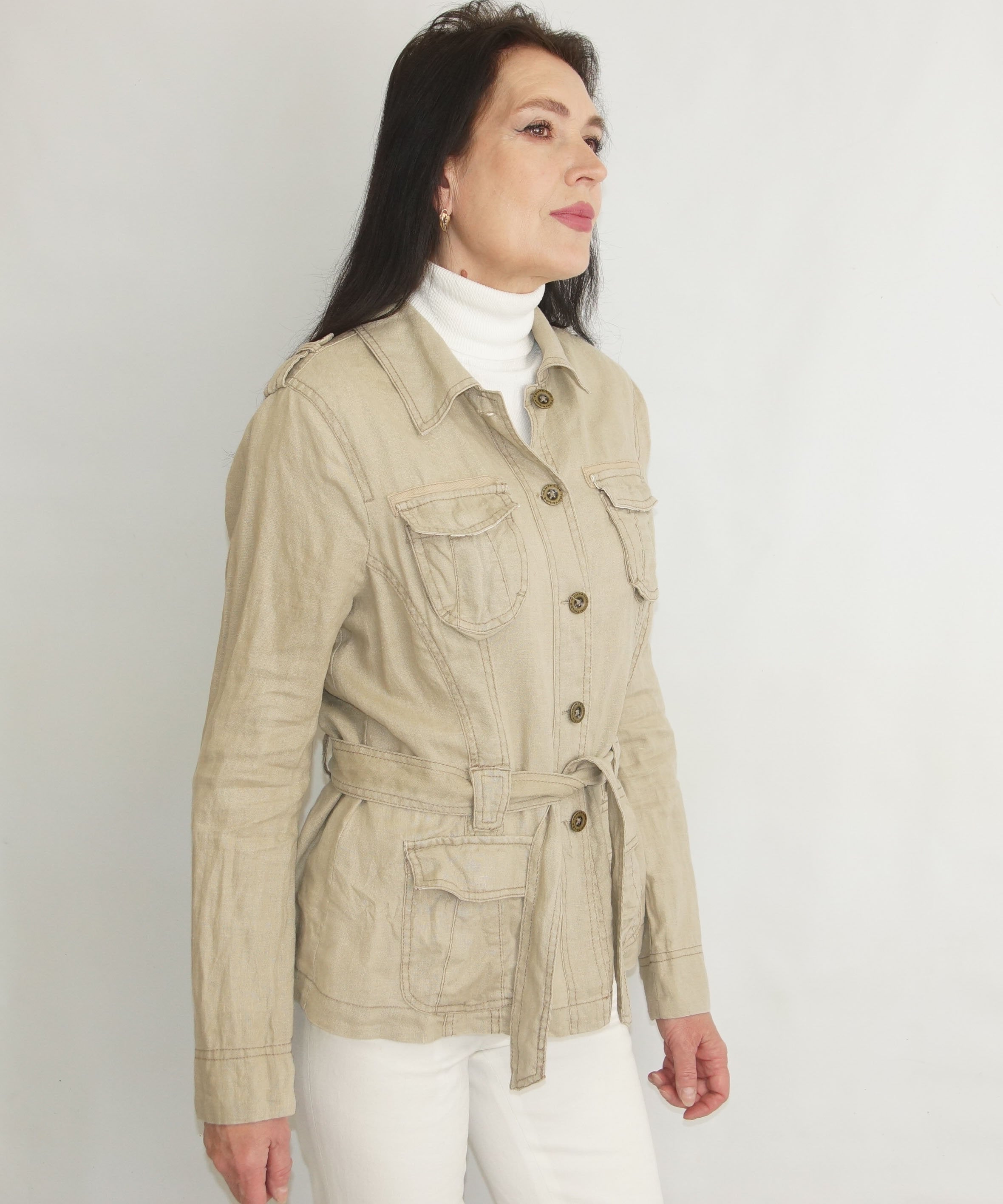 Women's Linen Trench Safari Classic Button Chore Belt Jacket Label Size ...