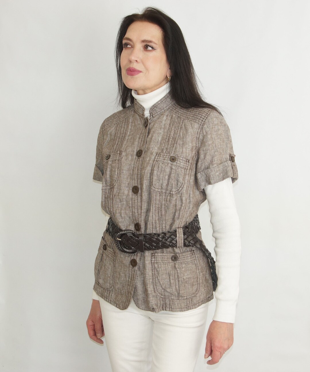 Women's Brown Linen Trench Safari Classic Vintage Button Belt Jacket ...