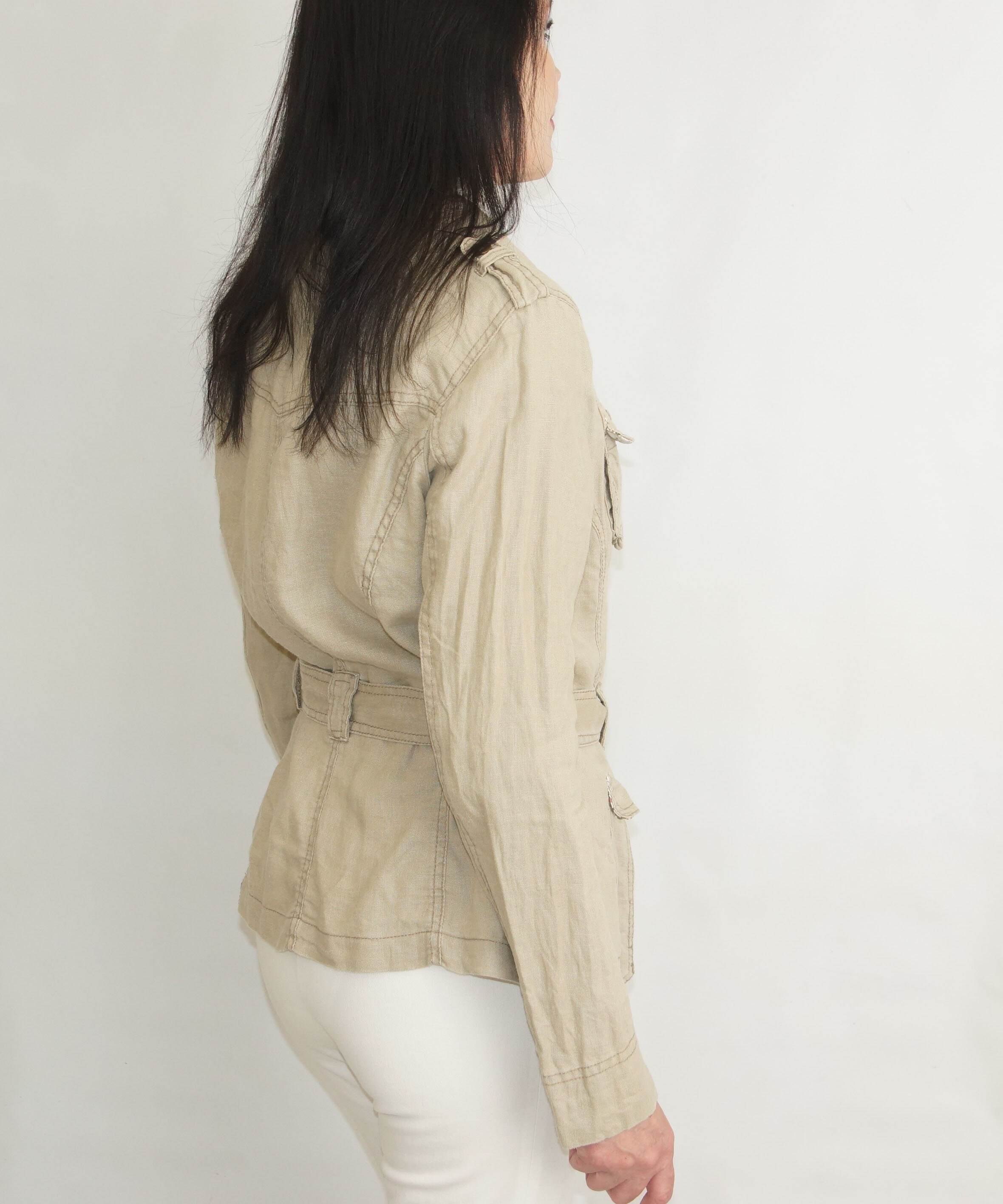 Damen Leinen Trench Safari Classic Button Chore Gürteljacke Label Größe ...